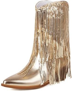 Generic dor,35,Bottes de Cowboy à Franges pour Femmes, Bottines Western à Bout Pointu et Pompons métalliques Tendance, Bottines de fête à Talons épais et Pail