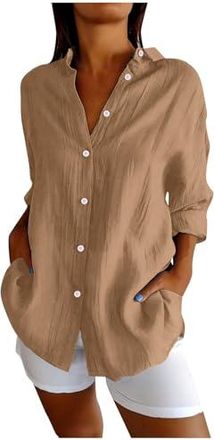 Generic Chemise &agrave; manches longues en lin pour femme tendance d&eacute;t&eacute; &agrave; revers boutonn&eacute; 2025 chemisiers classiques en coton et lin coupe ample tenues de gaze pour