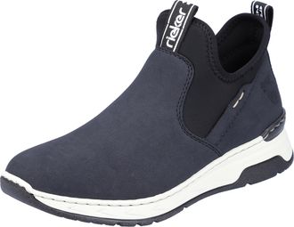 Rieker Schlupfboots RIEKER, Damen, Gr. 36, blau (dunkelblau, kombiniert), Lederimitat, Textil, Schuhe Schlupfboots, mit Stretcheinstieg