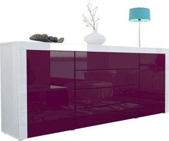 Vladon Sideboard Kommode La Paz, Made in Germany, Korpus in Wei&szlig; Hochglanz/Front in Brombeer Hochglanz mit Rahmen in Wei&szlig; Hochglanz