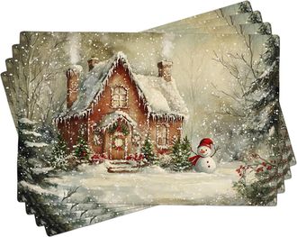 Generic Winter Wonderland Tischsets 4er-Set, rote Schneekabine, Platzsets f&uuml;r Weihnachten, Esstisch, waschbar, f&uuml;r drinnen und drau&szlig;en, Urlaub, dekorative Sto