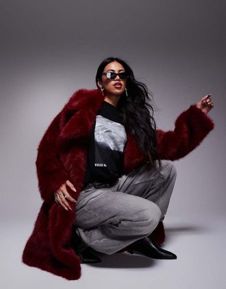 River Island Veste longue en fausse fourrure - Bordeaux-Rouge