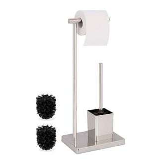 Relaxdays WC Garnitur, HBT: 66,5x23x18 cm, stehender Klopapierhalter, WC-B&uuml;rste mit B&uuml;rstenhalter, Edelstahl, Silber