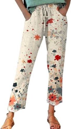 Generic Pantalon en Lin Ete Femme Leger Fluide L&eacute;ger Ceinture &Eacute;lastiqu&eacute;e Femme Taille Haute Poche Automne Lin Imprim&eacute; Pantalons D&eacute;contract&eacute;s Pantacourts Ample