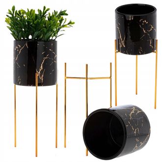 HowHomely Keramik Blumentopf mit Metallst&auml;nder 28 x 11,5 cm f&uuml;r Wohnzimmer - Deko Blumen&uuml;bertopf mit Pflanzschale Rund 11 cm &Oslash; Schwarz-Gold &Uuml;bertopf