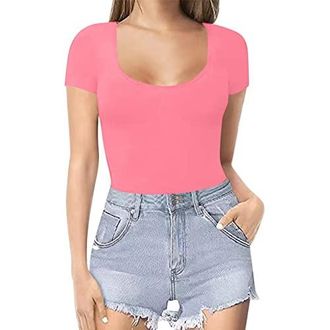 Generic Combishort Femme- Combinaison-Pyjama Sexy &agrave; Manches Courtes Et Col Rond Couleur Unie Basique