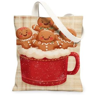 Generic Sacs fourre-tout en toile de No&euml;l motif biscuits festifs r&eacute;utilisables, rustiques, l&eacute;gers, lavables avec bandouli&egrave;re pour voyage, shopping, 33 x 38 cm