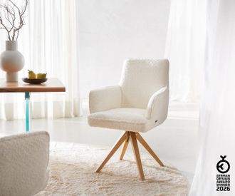 DELIFE Drehstuhl Heira-Flex mit Armlehnen Boucl&eacute; Wei&szlig; Holzgestell kantig Natur 180&deg; drehbar Taschenfederkern, Esszimmerst&uuml;hle