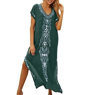 Generic NAFING Robe De Plage Femme Longue Coton Brod&eacute; Floral Robe Longue Femme D&eacute;t&eacute; &Agrave; Manches Courtes Caftan Kaftan Pareos L&acirc;che Sarong V&ecirc;tements De Nuit