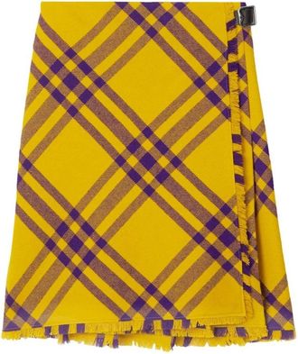 Burberry Femme, Jupes, Jaune, Taille: 34 FR Jupe portefeuille &agrave; carreaux tartan avec ourlet &agrave; franges