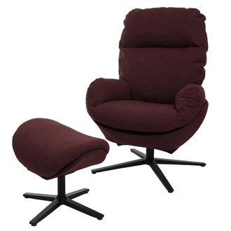 Mendler Relaxsessel + Hocker HWC-L12, Fernsehsessel Sessel Schaukelstuhl Wippfunktion, drehbar, Metall Stoff/Textil - Bordeaux
