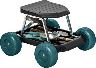 OUTSUNNY Gartenstuhl auf R&auml;dern, Gartenhocker, Werkzeugablage, Gartenwagen mit Sitz zum J&auml;ten und Pflanzen, 50 x 49 x 32 cm, dunkelgr&uuml;n