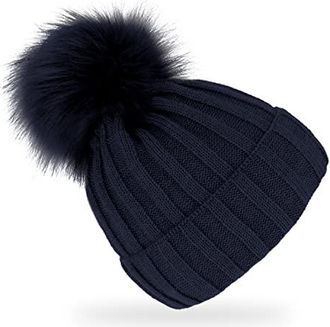Fiebig Bonnet tricot&eacute; avec pompon en fourrure synth&eacute;tique - Bonnet en laine avec doublure polaire - Fabriqu&eacute; en Europe, bleu marine, taille unique