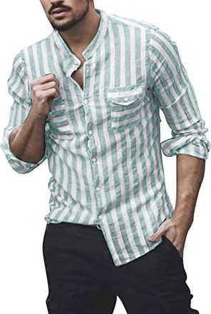 Generic Chemise de plage en lin pour homme - Chemise ray&eacute;e fine en lin - Polo pour homme - Coupe ajust&eacute;e - Manches longues - Col en V - T-shirt graphique pour