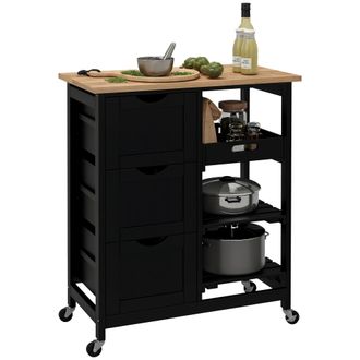 HOMCOM Rolling Kitchen Island Cart, Bar Serving Cart, Compact Trolley auf R&auml;dern mit Holzplatte, Regale & Schubladen f&uuml;r Home Dining Area, Schwarz