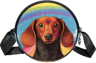 Generic Petit sac &agrave; bandouli&egrave;re circulaire pour femme, motif teckel avec fermeture &eacute;clair, bretelles r&eacute;glables, sac &agrave; main rond d&eacute;contract&eacute; pour femmes et fil