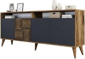 Dmora Konsolentisch Virgo, Wohnzimmer-Sideboard, niedriger TV-Schrank, ausgestatteter Wandsockel, 180 x 35 h79 cm, Walnuss und Anthrazit