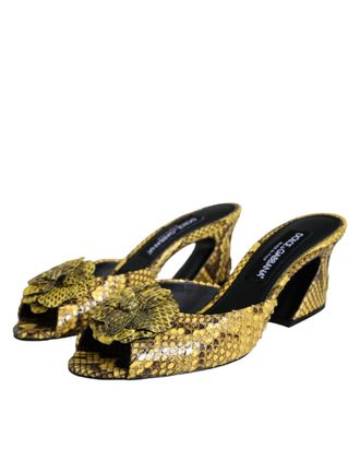 Dolce & Gabbana Womens Yellow Leather Block Heels Slides Shoes Python