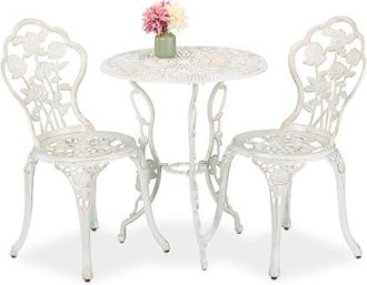 Relaxdays Gartenm&ouml;bel Set, 3-teilig, Tisch & 2 St&uuml;hle, Vintage Balkonm&ouml;bel, Aluguss, Garten Sitzgruppe, wei&szlig;/bronze