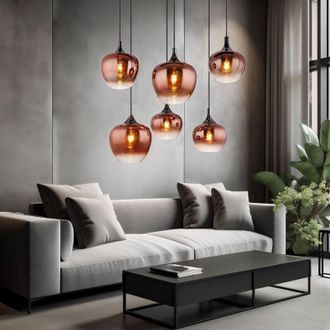 Globo Lighting Pendelleuchte Hängelampe Esszimmerleuchte 6-Flammig Glas kupfer schwarz-matt E27