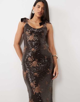 Pretty Lavish Midikleid mit Pailletten, Samt, Bindeband-Detail und U-Ausschnitt in Schokobraun