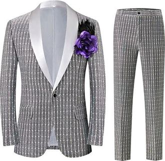 Generic Blazer &agrave; paillettes brillantes pour homme - Ensemble deux pi&egrave;ces - Blazers crant&eacute;s d&eacute;contract&eacute;s et intelligents - Un bouton - Coupe r&eacute;guli&egrave;re - Change