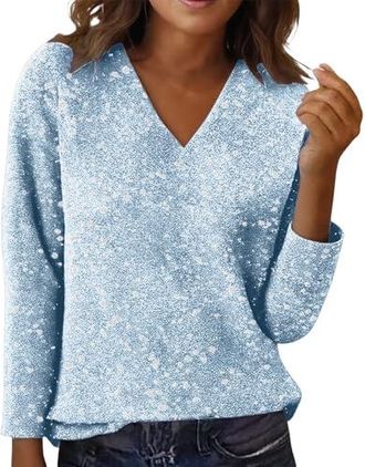 Generic Haut &agrave; paillettes pour femme - T-shirt &agrave; paillettes pour femme - Manches 3/4 - Col en V - Chemisier festif &eacute;l&eacute;gant - Pull en viscose - T-shirt scintil