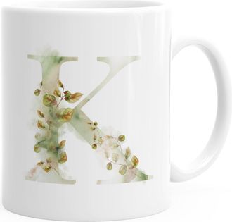 Autiga Buchstaben-Tasse K Tasse mit Buchstabe Alphabet Monogramm Watercolor gezeichnet Kaffeetasse wei&szlig; unisize