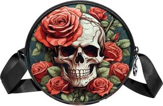 Generic Petit sac &agrave; bandouli&egrave;re circulaire pour femme, motif cr&acirc;nes, fleurs, petit sac &agrave; bandouli&egrave;re avec fermeture &eacute;clair, bretelles r&eacute;glables, sac &agrave; main ro