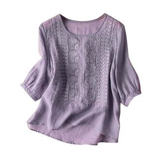 Generic Chemisier Femmes Coton Lin Chic en D&eacute;contract&eacute; Chemises D&eacute;t&eacute; Manche Longues Col en V L&acirc;che Tops L&eacute;ger Respirant Tunique &Agrave; La Mode Coton Et Lin Grande 