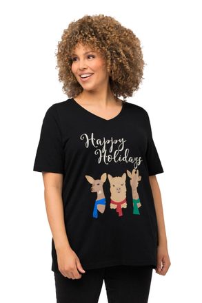 Ulla Popken Damen, V-Neck, Christmas Tiere T-Shirts, schwarz, 42-44