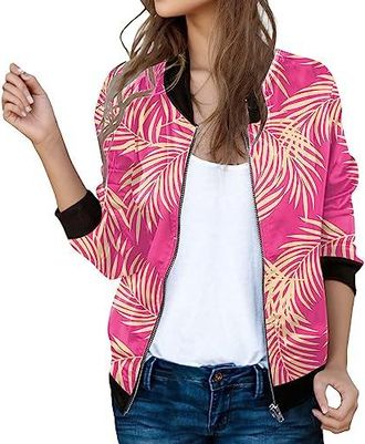 Generic Veste Femme Motard Blouson Printemps Été Léger Bomber Blouson Outwear Zippé Imprimé Floral Court Jacket Blouson aviateur léger Manteau matelassé décon