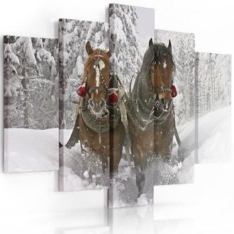 Feeby Frames Feeby. Leinwandbild - 5 Teile - Bilder, Wand Bild, Wandbilder, Kunstdruck XXL, 5-Teilig, Typ A, 150x100 cm, TIERE, PFERDE, SCHNEE, WINTER