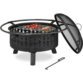 Relaxdays Relaxdays Feuerschale mit Grillrost & Funkenschutz, Sch&uuml;rhaken, Kohlerost, &Oslash; 75 cm, Feuerstelle Garten, schwarz/silber