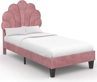 IDMarket Lit Simple Coquillage 90 x 190 cm Amanda avec sommier Velours Rose poudr&eacute;