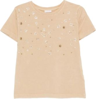 Liu Jo Femme, Tops, Beige, Taille: 42 FR T-shirt &agrave; Manches Courtes et Col Rond Orn&eacute; de Sequins