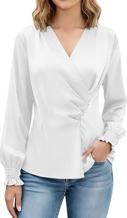 Generic Chemisier &agrave; manches longues pour femme - Chemisier en satin grande taille pour femme - Haut pliss&eacute; de luxe - Manches lanternes resserr&eacute;es - Chemisier 