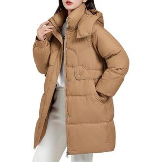 Generic Doudoune mi-longue &agrave; capuche pour femme avec fermeture &eacute;clair - Manteau dhiver chaud et moelleux - Manteaux &eacute;pais, jaune, 3XL