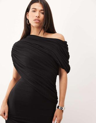 Asos Maxikleid mit Carmen-Ausschnitt, Wickel-Oberteil, Detail und Schleppe in Schwarz
