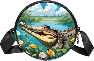 Generic Sac &agrave; bandouli&egrave;re rond pour femme, petit sac &agrave; bandouli&egrave;re crocodile avec fermeture &eacute;clair, bretelles r&eacute;glables, sac &agrave; main rond d&eacute;contract&eacute; pour femm