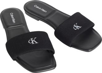 Calvin Klein Pantolette CALVIN KLEIN SQUARE FLAT SNDL CANVAS HW, Damen, Gr. 39, schwarz, Baumwolle, Schuhe Pantolette, Strandschuh, Badeschuh, Sommerschuh mit Bloc