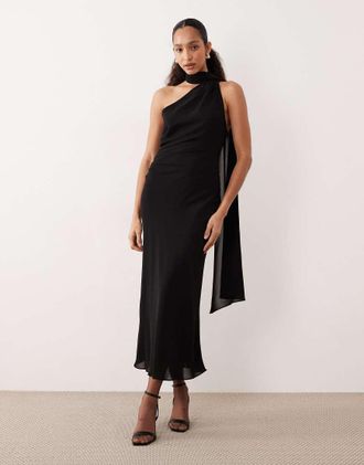 Mango Maxikleid in Schwarz mit One-Shoulder-Tr&auml;ger und drapiertem Detail