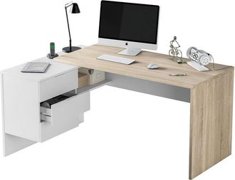 PEGANE Pegane - Bureau droit avec caisson 3 tiroirs - M&eacute;lamine ch&ecirc;ne canadian et blanc - Dimensions 73 x 145 x 108 cm - Pour am&eacute;nagement moderne