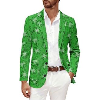 Generic Blazer en velours côtelé pour homme - Veste formelle pour la Saint-Patrick avec motif trèfle porte-bonheur - Simple boutonnage - Manches longues - Cou