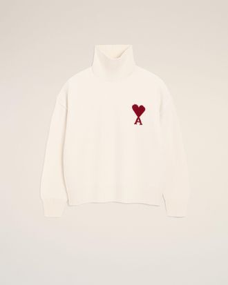 Ami Pull Blanc Col Cheminée Ami De Coeur En Laine Ecru & rouge - XL - Unisex