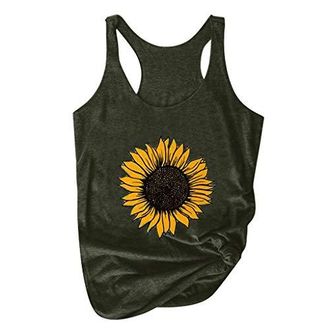 Generic Débardeur surdimensionné sans manches pour femme Imprimé tournesol rond Débardeur sans manches T-shirt à col grande taille pour femme Débardeurs dété 