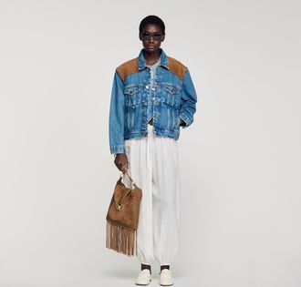 Sandro Blouson aus Denim und Veloursleder