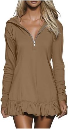 Generic Mini robe chandail &agrave; capuche avec fermeture &eacute;clair quart de col en V pour femme, style r&eacute;tro, surdimensionn&eacute;, ourlet &agrave; volants, tendance, d&eacute;contract&eacute;,