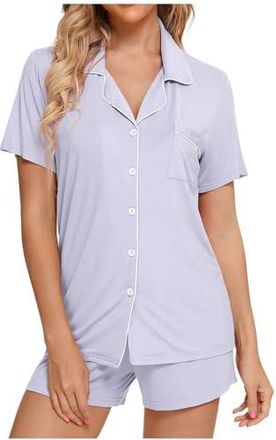 Generic Ensemble de pyjama à manches courtes pour femmes, vêtements de nuit boutonnés, short doux, ensemble de vêtements de maison 2026, violet clair, XL