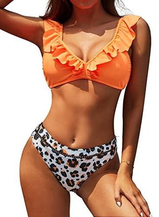 SHEKINI Maillots de Bain Deux Pièces Femme Col en V Rembourré Élégant Volants Halter Bikini Top Bikini Femme 2 Pièces Triangle Imprimé Cutout Bas de Bikini (O